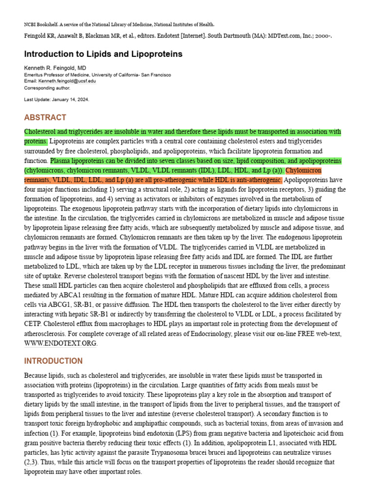 Introduction To Lipids and Lipoproteins - Endotext - NCBI Bookshelf | PDF | Lipoprotein ...