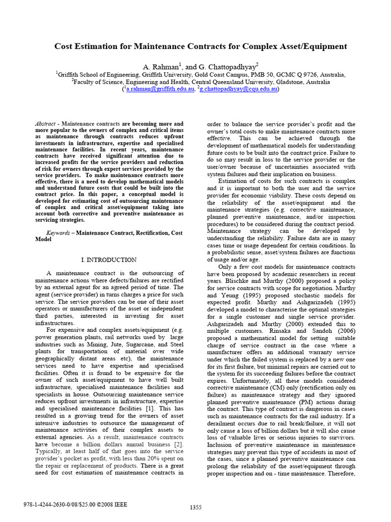 Cost Estimation For Maintenance Contracts | PDF | Reliability Engineering