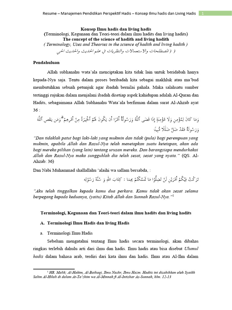 Resume Materi terminologi teori dan kegunaan ilmu hadits | PDF