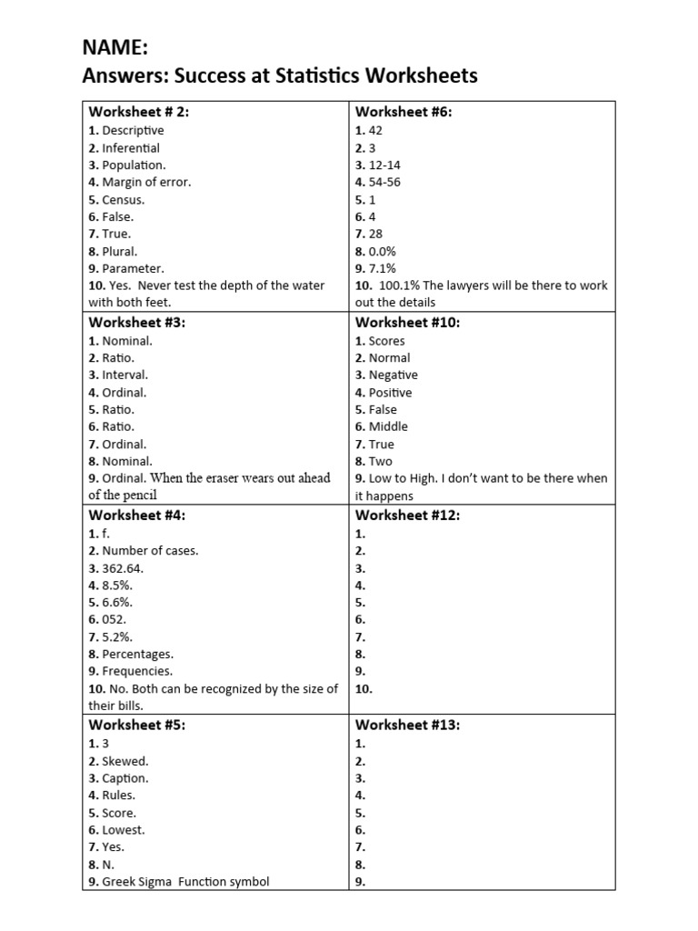 Statistics Worksheets Answers | PDF | Statistics | Statistical Inference