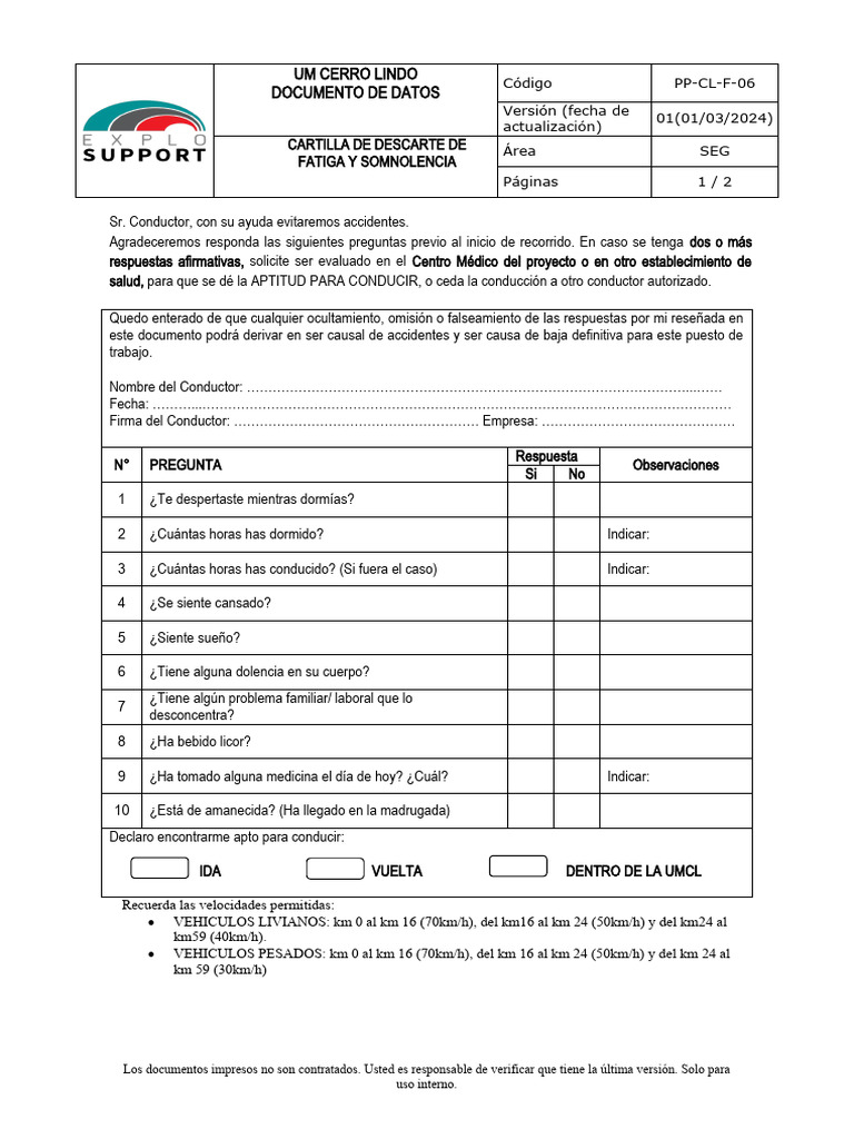 Formato de Control de Fatiga | PDF