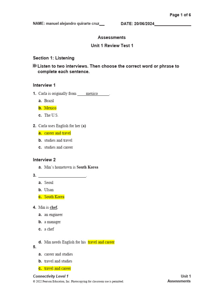 CTY1 Assessments Unit 1 Review Test 1 | PDF | English Language | Spelling