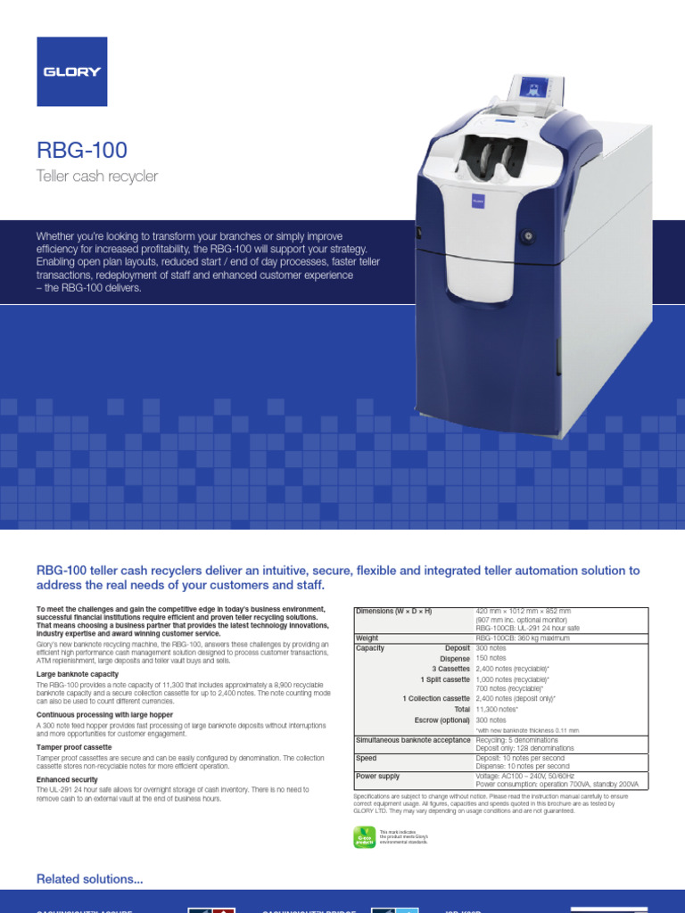 Glory RBG 100CB Datasheet CA V5 0 | PDF | Cash | Automated Teller Machine