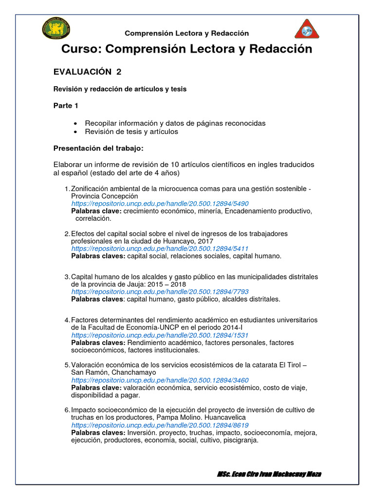 Trabajos y Evaluación COMPRENSION LECTORA Y REDACCION EVALUACIÓN 2 ...