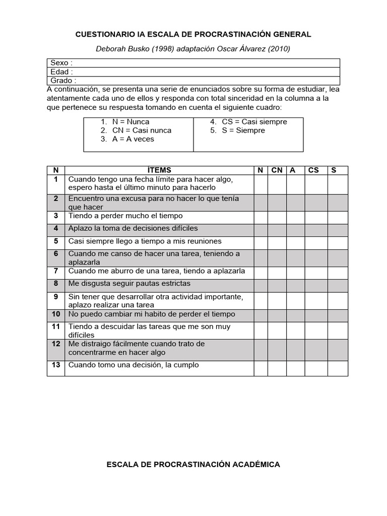 Cuestionario Ia Escala de Procrastinación General | PDF | Alfa de ...