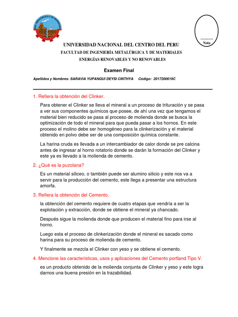 Parcial N°03 de Energias Renovables - DCSY | PDF | Cemento | Materiales