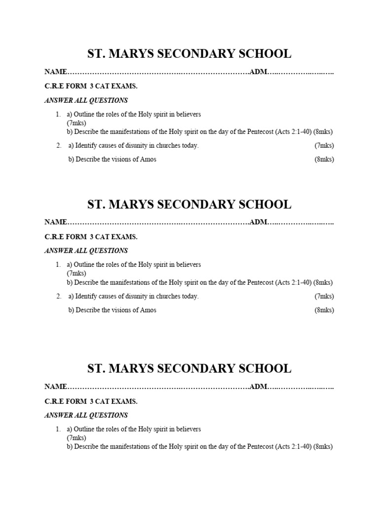 St. Marys Secondary School: NAME . .ADM .. .. .. .. C.R.E | PDF ...