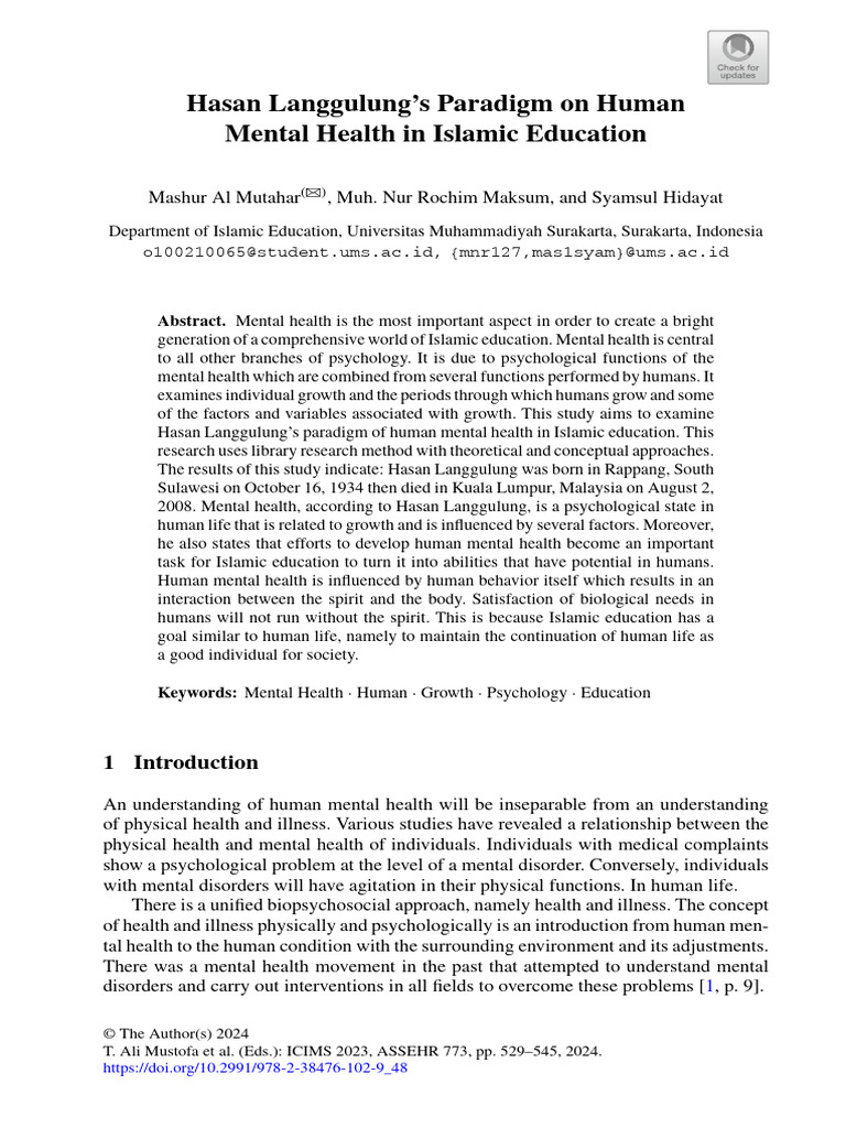 Hasan Langgulung's Paradigm On Human Mental Health in Islamic Education | Download Free PDF ...