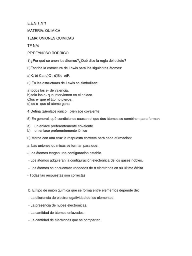 UNIONES QUIMICA.TP 4 | Descargar gratis PDF | Enlace químico | Enlace covalente