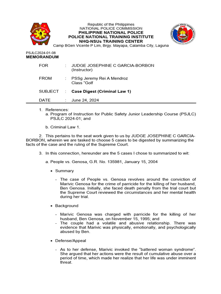 08-PSSg Mendroz, JRA - Case Digets-Criminal Law 1. | PDF | Murder | Domestic Violence