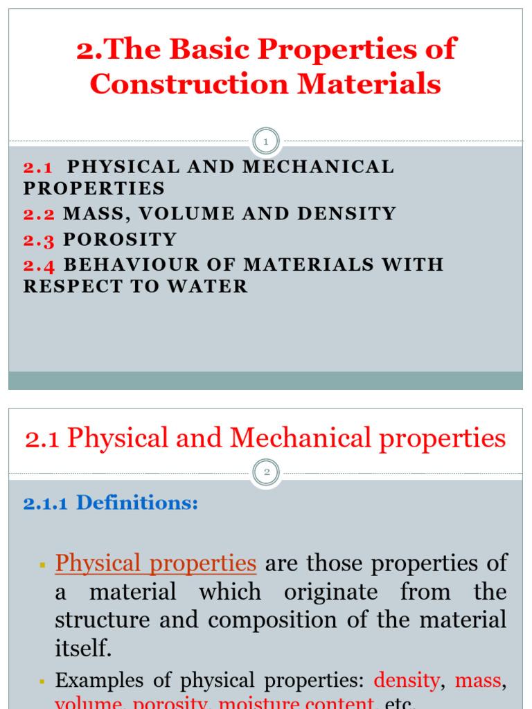 Construction - Lecture 2 - Basic Properties of Construction Materials | PDF | Porosity | Density