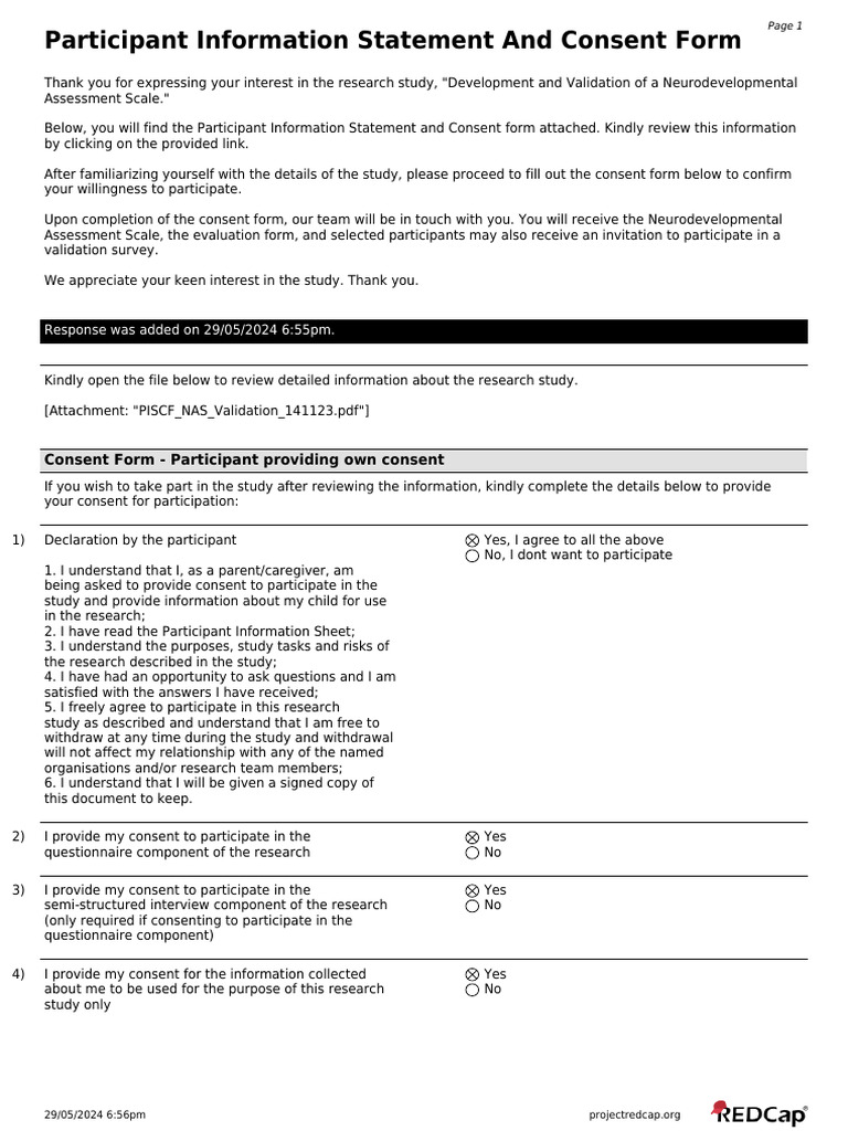 Participant Information Statement and Consent Form: Response Was Added ...