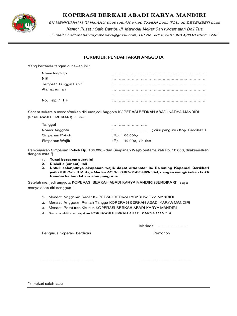 Form Pendaftaran Anggota Koperasi | PDF | Hukum