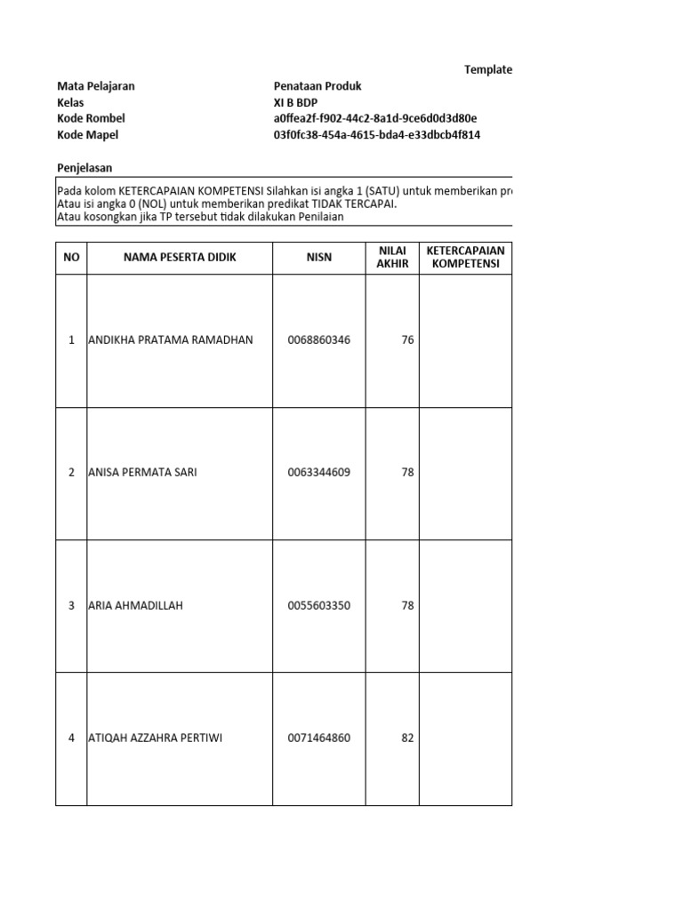 Template Nilai Akhir Mata Pelajaran Penataan Produk Kelas XI B BDP | PDF | Bisnis
