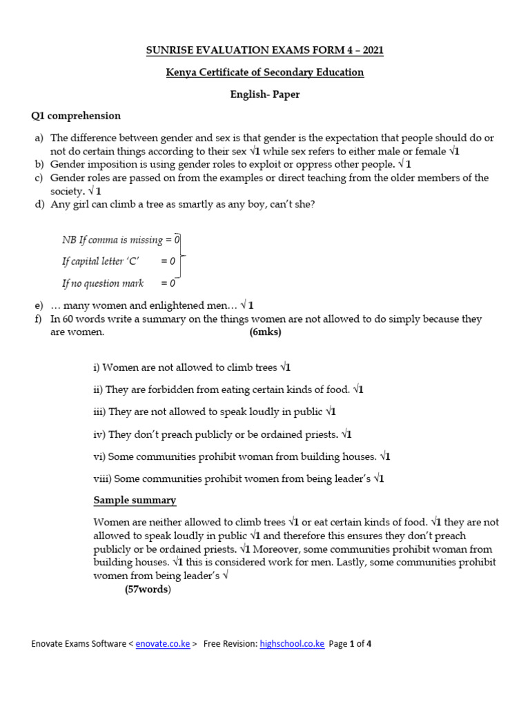 101 Form 4 ENGLISH Paper 2 Marking Scheme | PDF