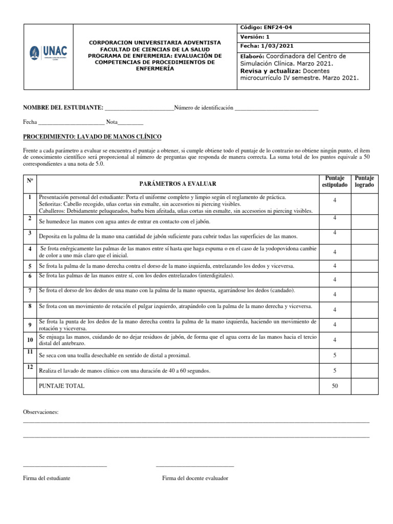 Lista de Chequeo Lavado de Manos Clinico | PDF | Lavado de manos | Mano