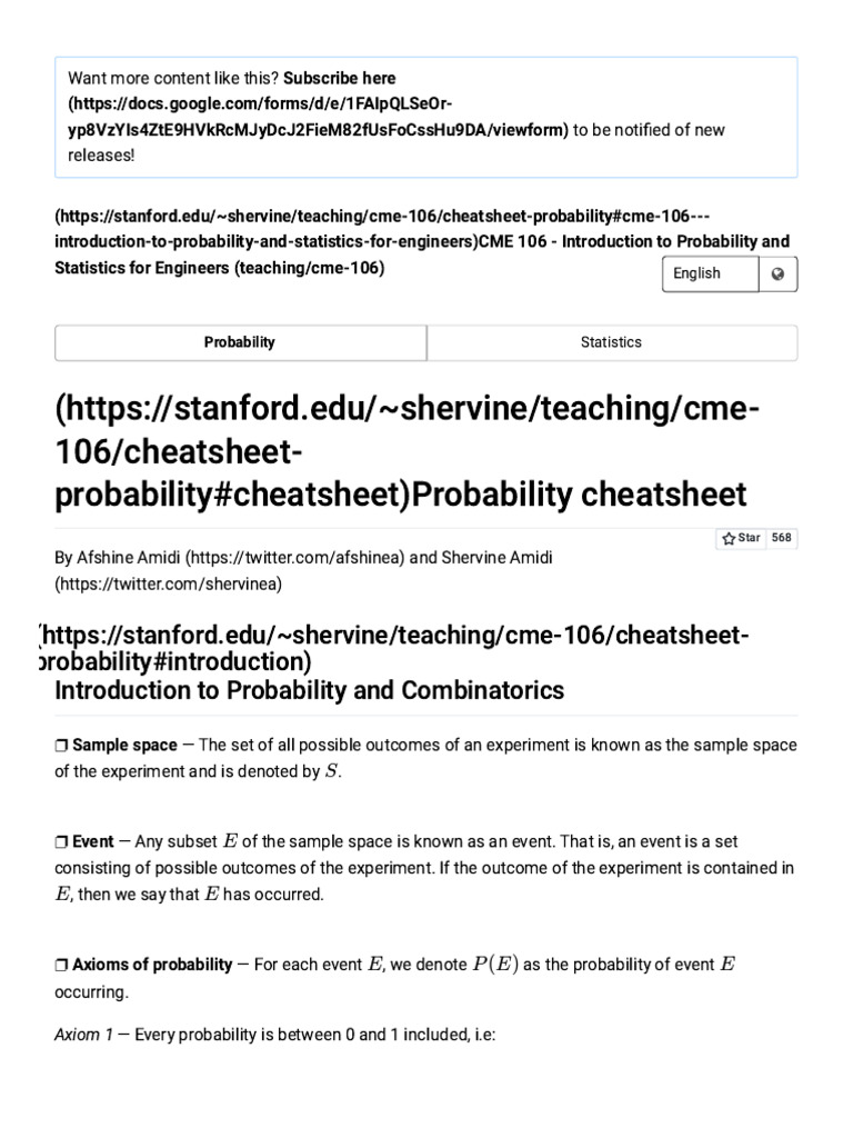 CME 106 - Probability Cheatsheet | PDF | Probability Distribution | Probability Density Function
