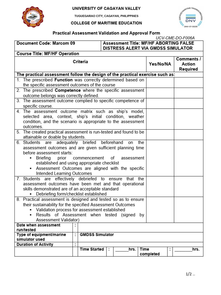GMDSS Simulator Assessment Approval Form | PDF | Simulation