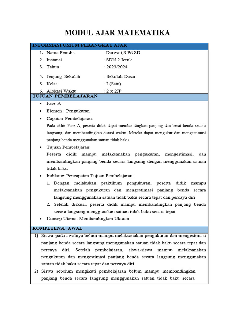 Contoh MODUL AJAR MATEMATIKA KELAS 1-DARWAT I | PDF | Karier & Perkembangan
