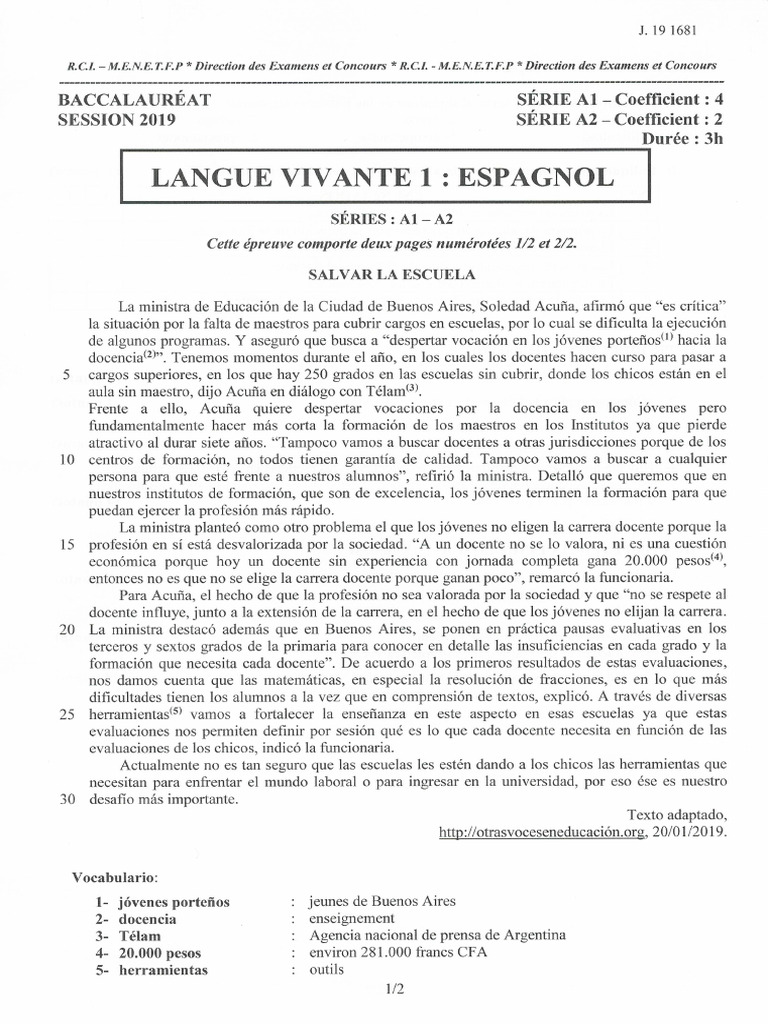 Bac A1a2 Esp 2019 | PDF