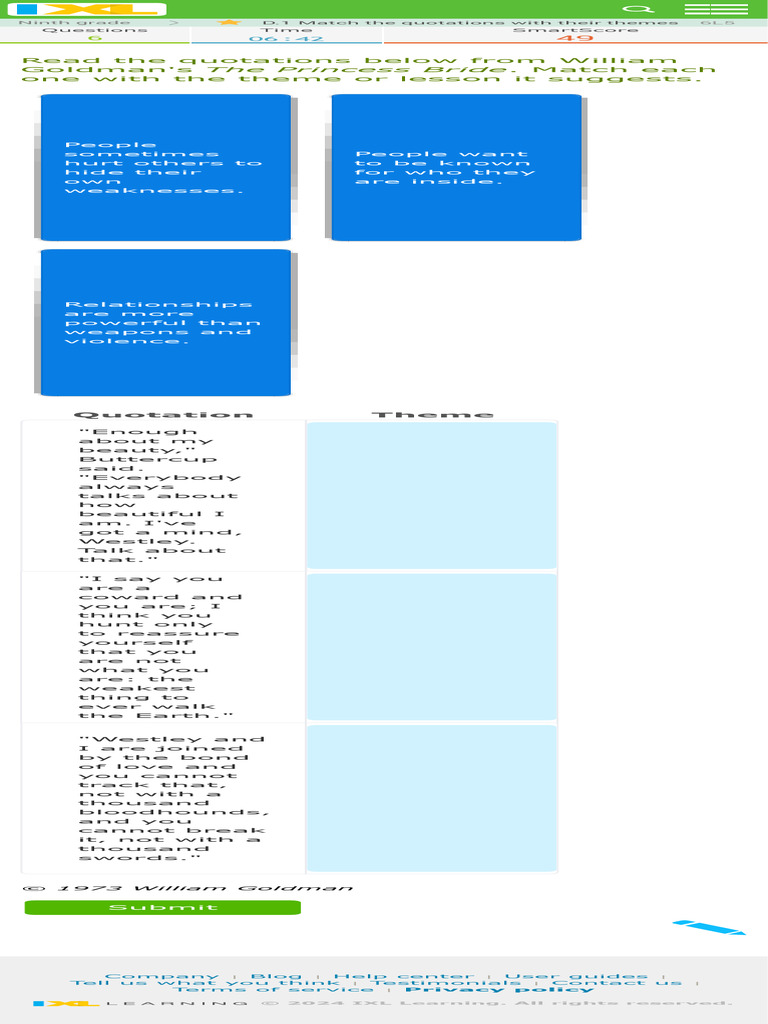 IXL Match The Quotations With Their Themes 9th Grade Language Arts | PDF