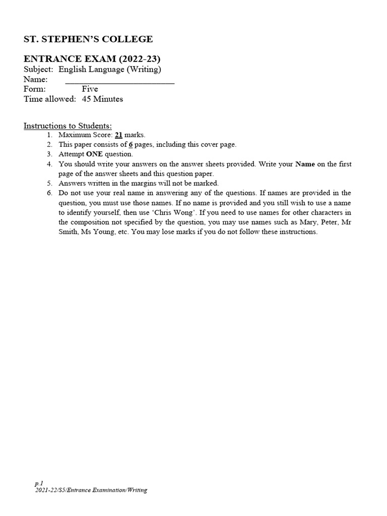 2022-23 S5 Entrance Writing Exam | PDF | Question