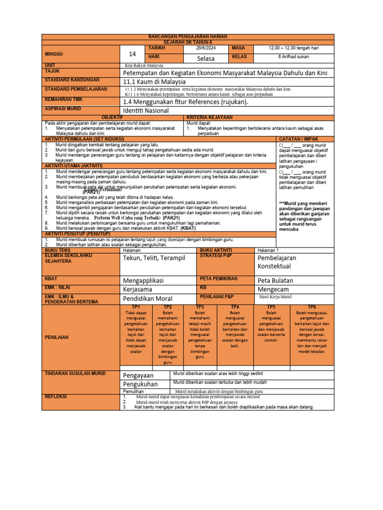 m14 RPH Sejarah THN 6 2024-2025 by Cikgu Gorgeous | PDF