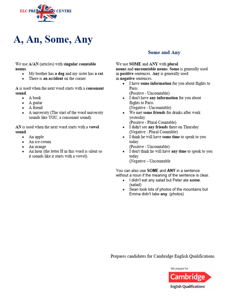 A An Some Any | PDF | Plural | Language Mechanics