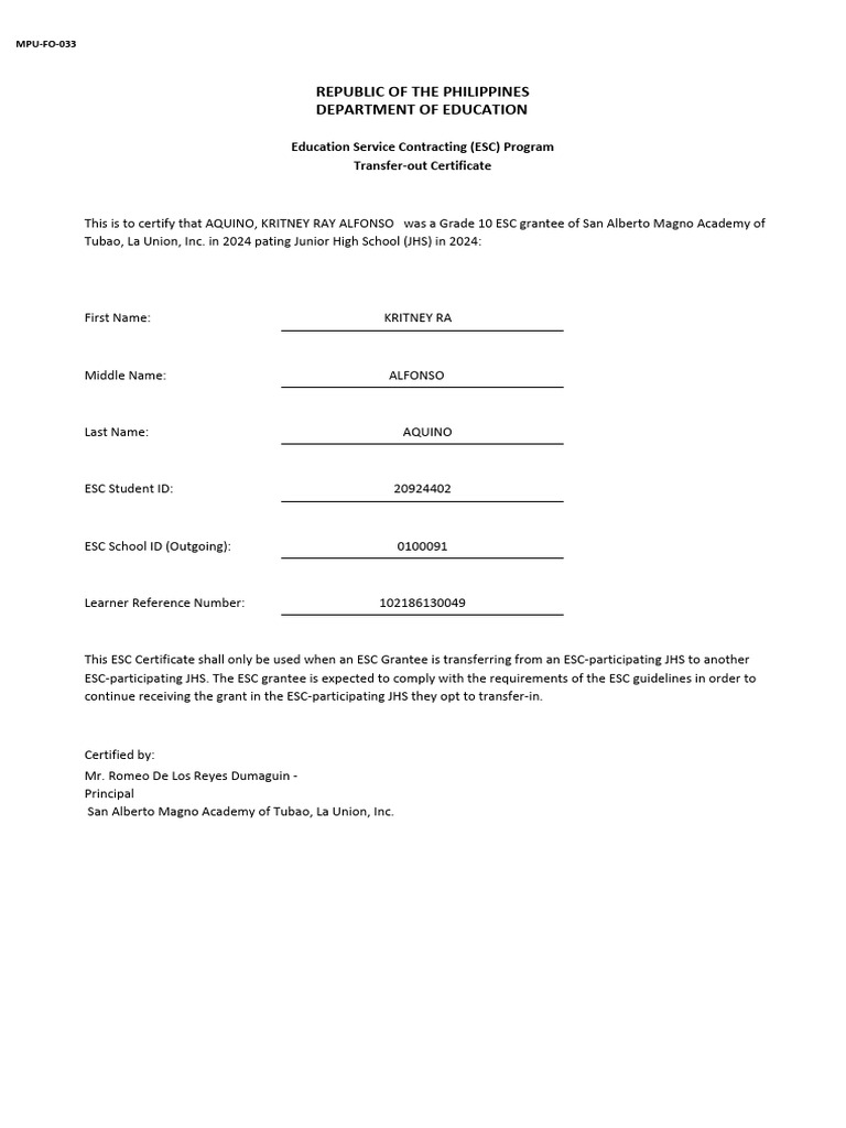 ESC CERTIFICAte | PDF | Middle Schools | Secondary Education