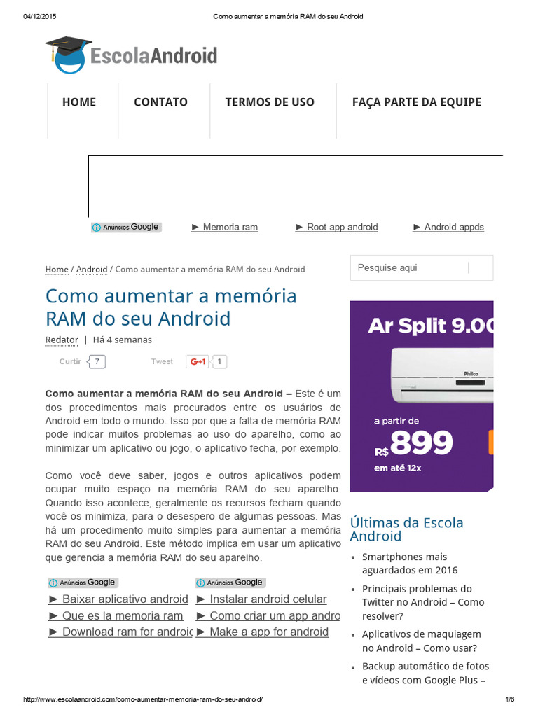 Como Aumentar A Memória RAM Do Seu Android | PDF | Android (sistema operacional) | Memória de ...
