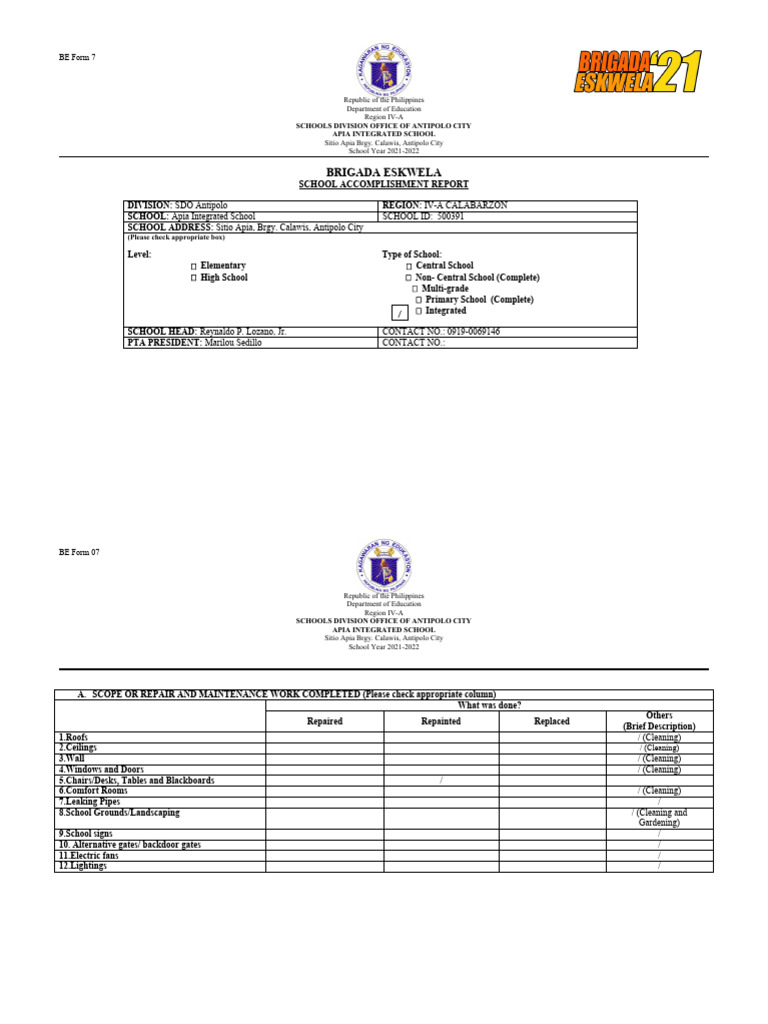 BE Form 7 SCHOOL ACCOMPLISHMENT REPORT | PDF