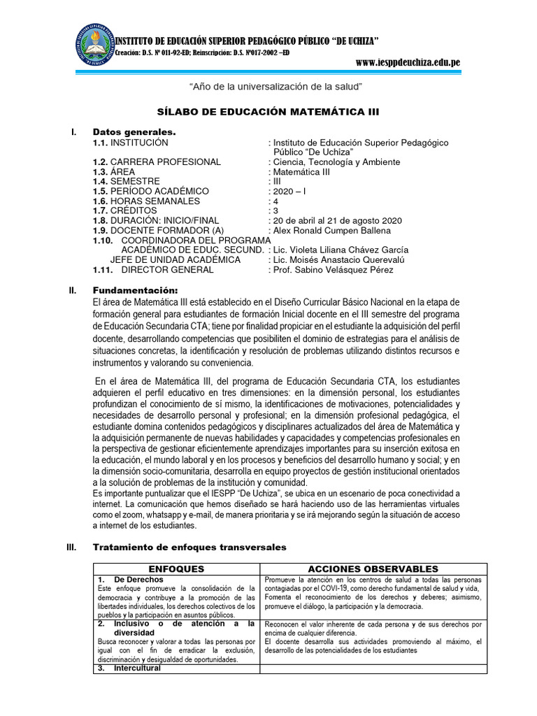 Silabo Matemática III 2020 - I - CTA | PDF | Evaluación | Función (Matemáticas)