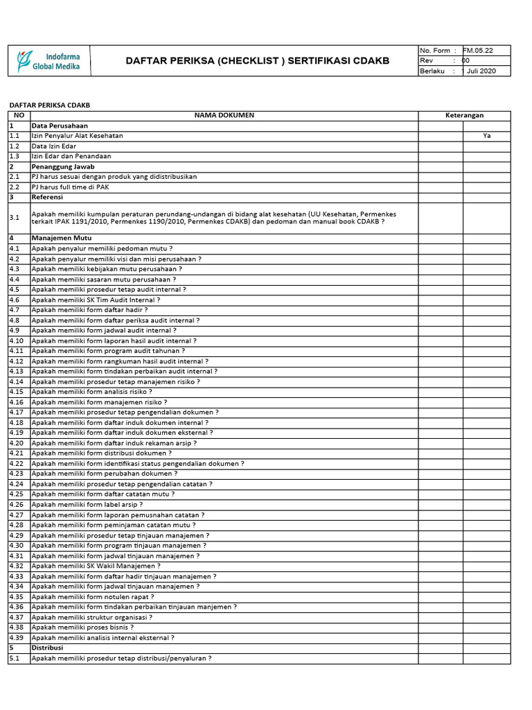 FM.05.22 Checklis Inspeksi Diri (Alkes) SM I 2022 | PDF