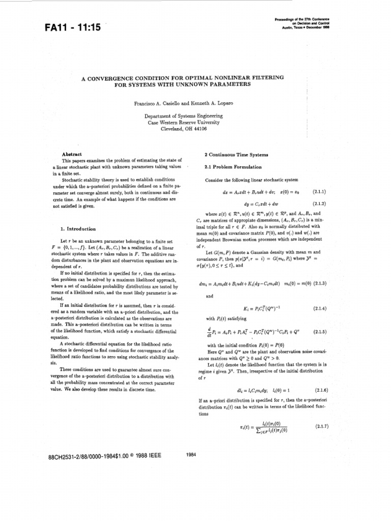 13 A Convergence Condition For Optimal Nonlinear Filtering For Systems With Unknown Parameters