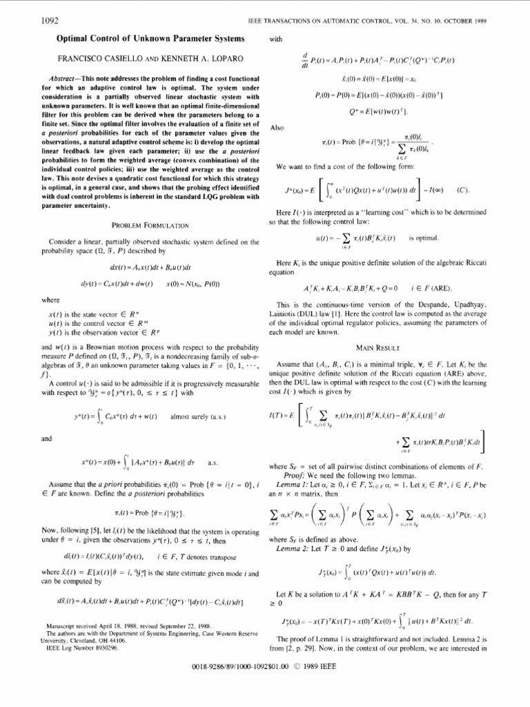 16 - Optimal Control of Unknown Parameter Systems | PDF | Optimal Control | Applied Mathematics