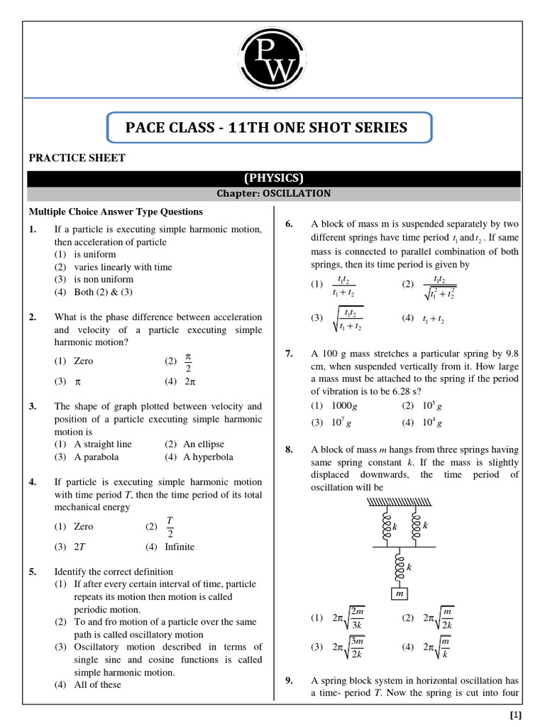 Oscillations Practice Sheet Pace Class 11th One Shot Series Pdf Oscillation