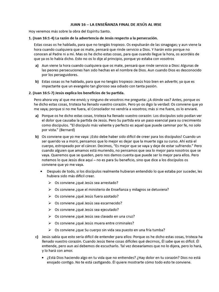 La Enseñanza Final de Jesús Al Irse (Juan 16) | PDF | Jesús | Juan el ...