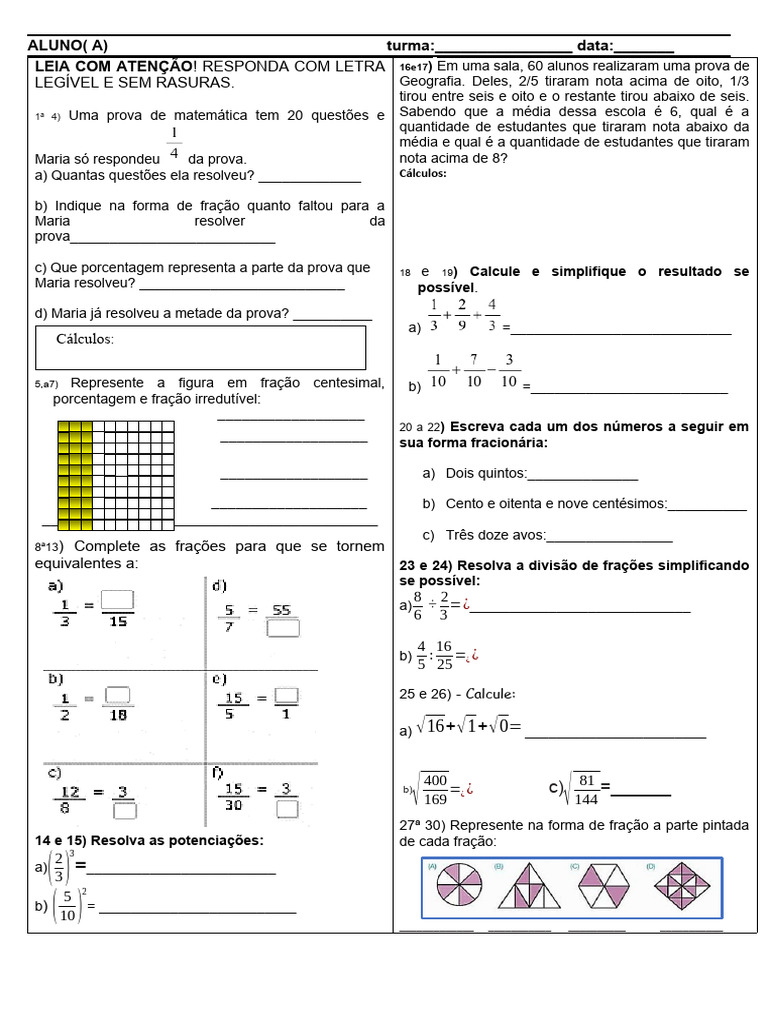 7º B Frações e Porcentagens1 Bimestre22024 | PDF | Matemática | Aritmética