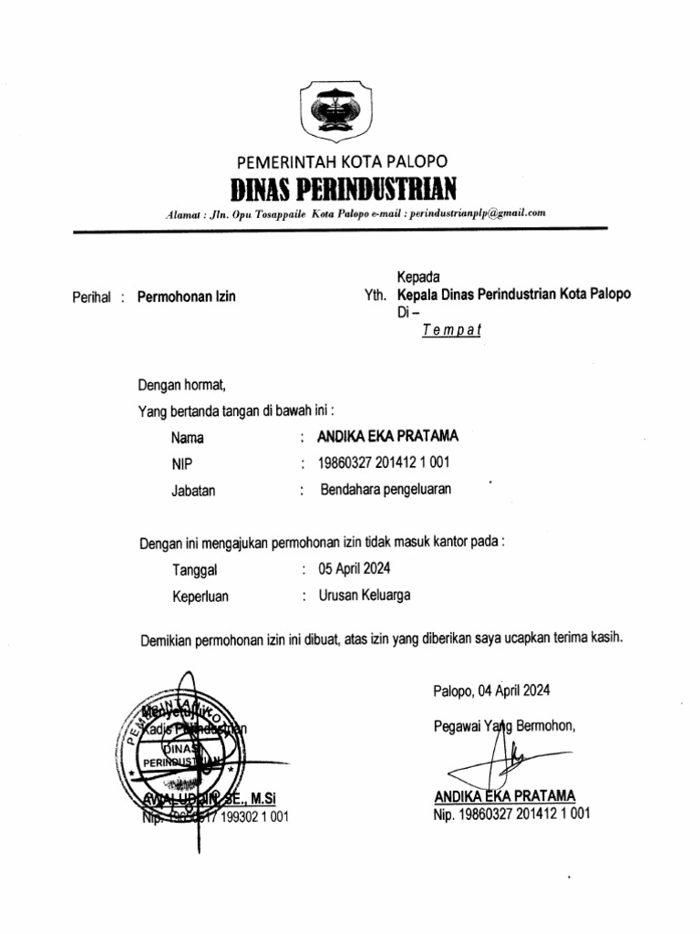 Surat Izin Andika Eka Pratama, 05 April | PDF