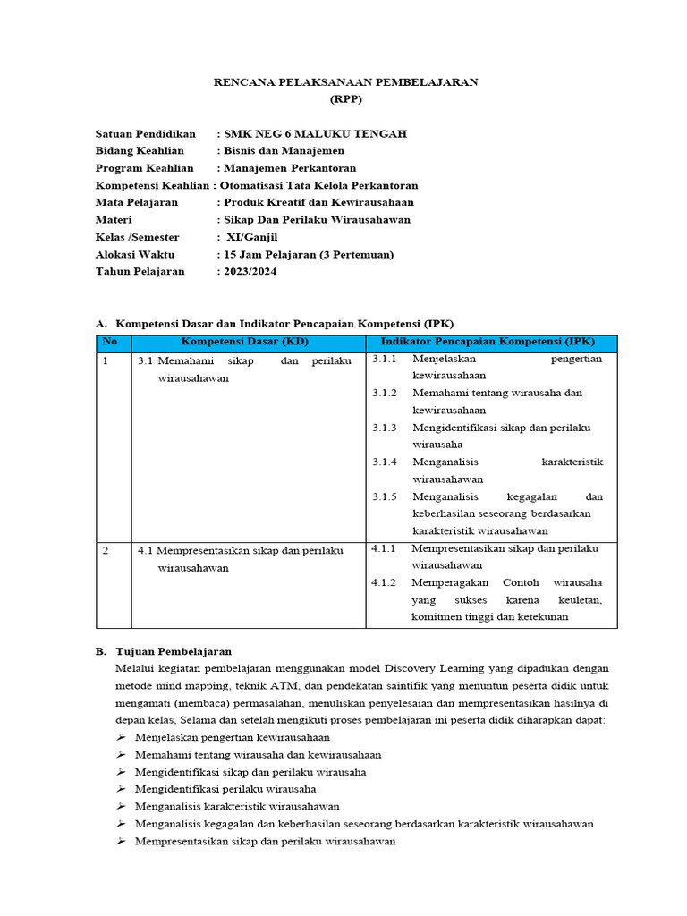 RPP Produk Kreatif Dan Kewirausahaan Kelas Xi SMK | PDF