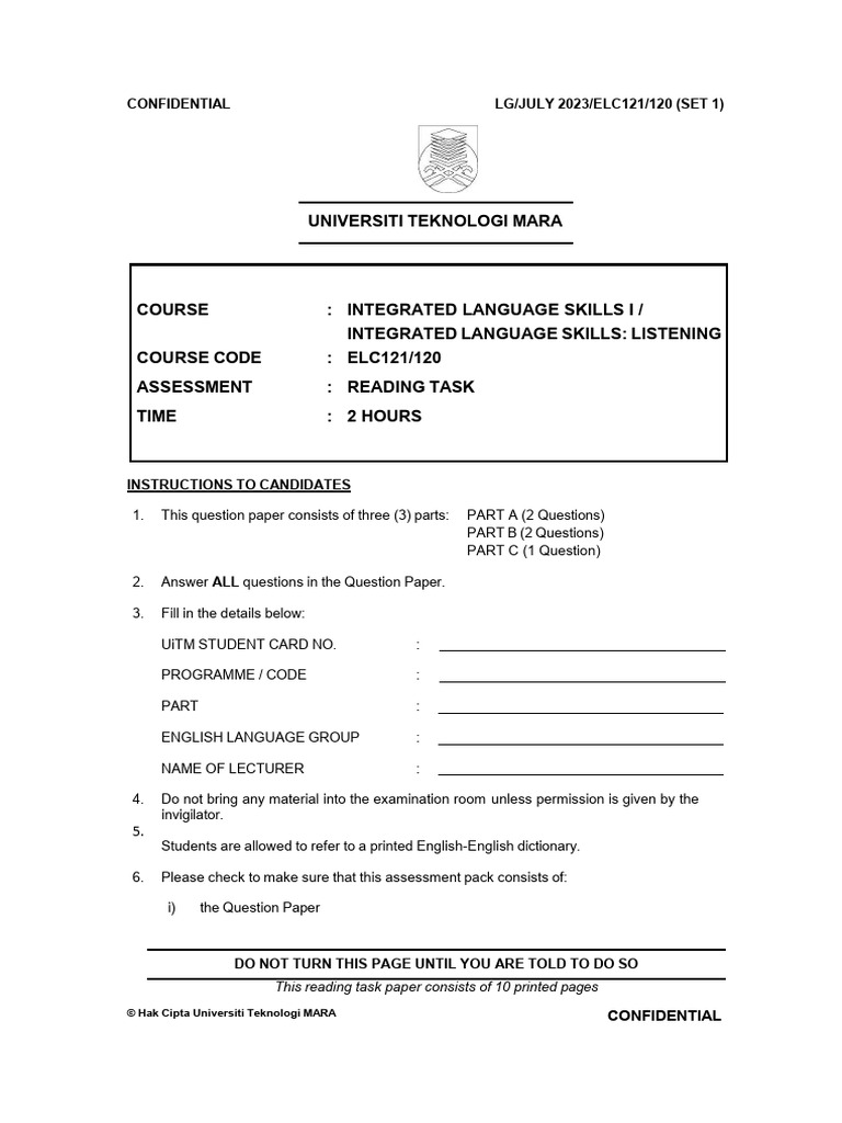 Elc121 - RT Set 1 QP - 20232 | PDF | Fear | Cheese