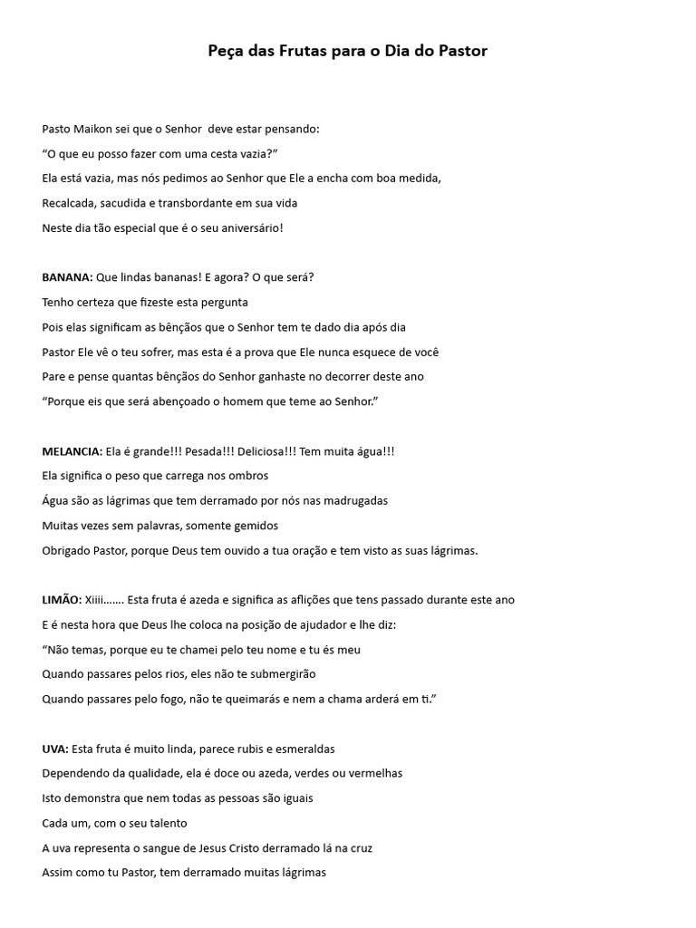 Peça Das Frutas para o Dia Do Pastor | PDF | Gastronomia, comida e vinho