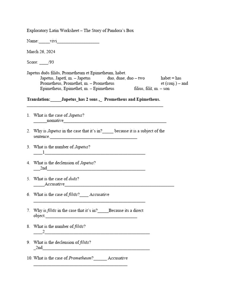 Exploratory Latin Worksheet - The Story of Pandora's Box | PDF ...