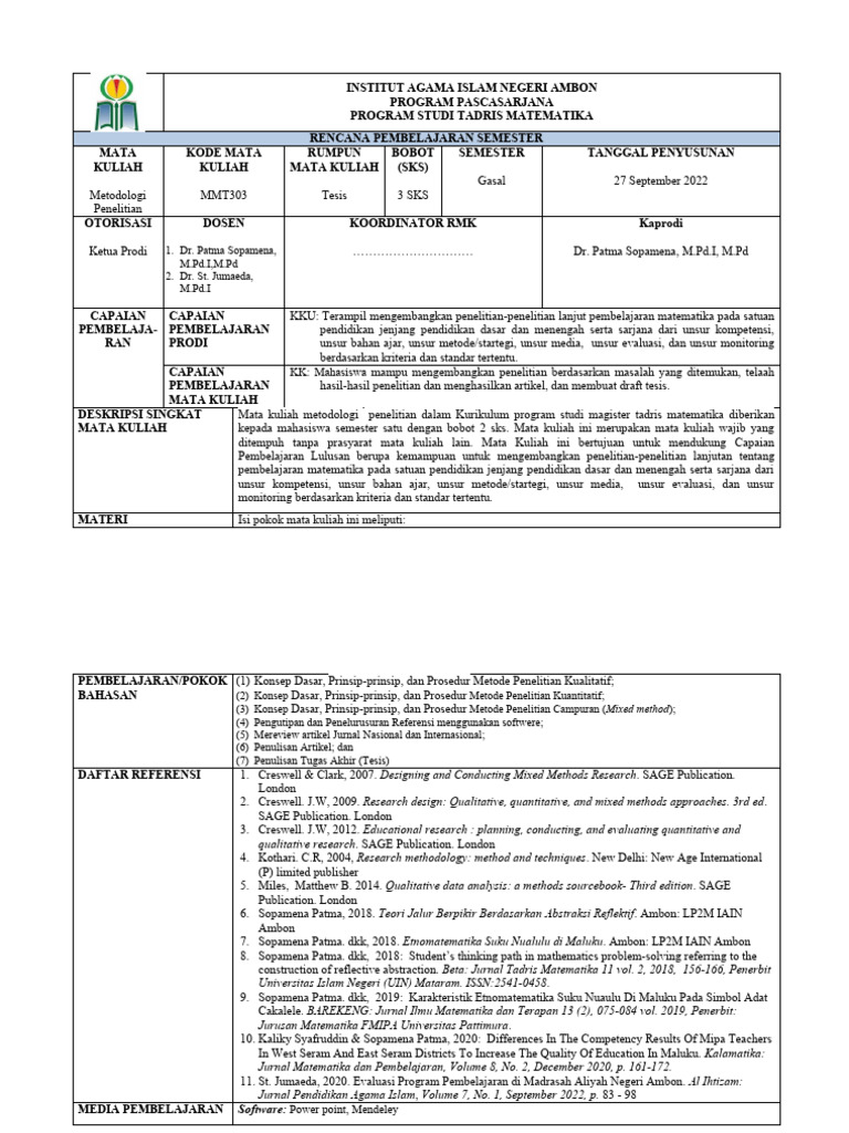 RPS Metodologi Penelitian | PDF