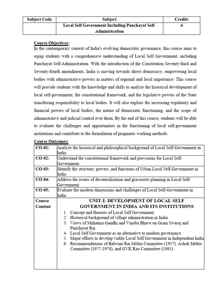 COURSE TITLE Local Self Government Including Panchayat Self ...