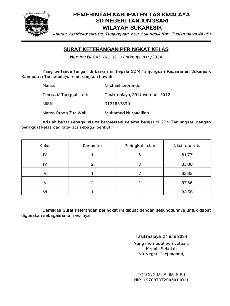 surat peringkat kelas baru | PDF