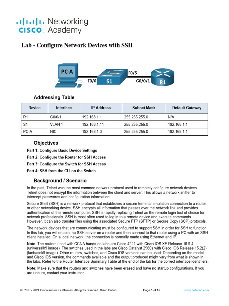 16.4.7 Lab - Configure Network Devices With SSH | PDF | Secure Shell | Computer Network
