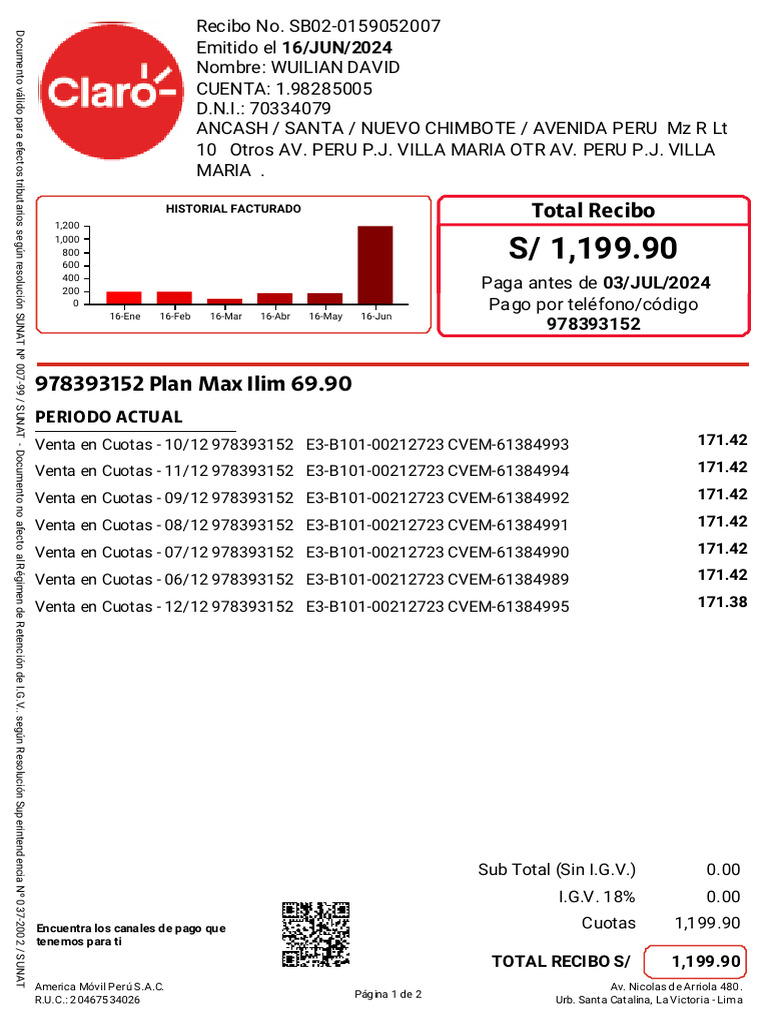 Recibo de Pago y Consumo Móvil Claro | PDF