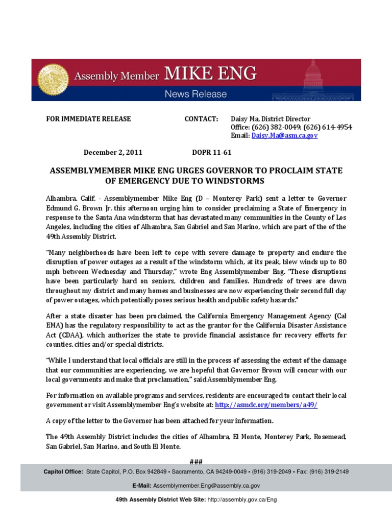 DOPE 11-61 State of Emergency Proclamation Letter | PDF
