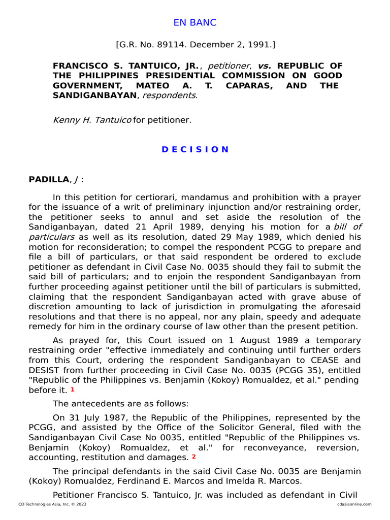Tantuico vs. PCGG: Bill of Particulars Case | PDF | Pleading | Cause Of Action